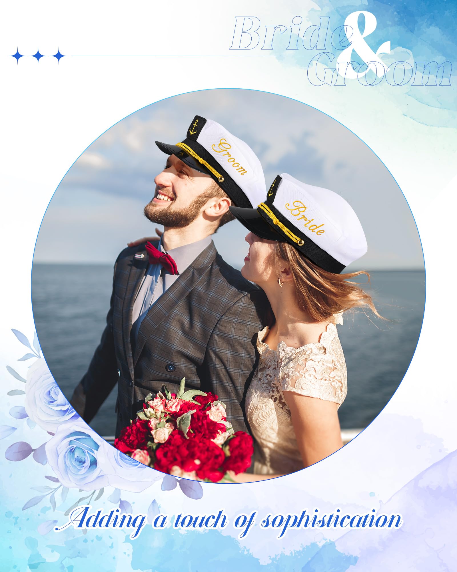 Mepase 4 Pcs Bride Groom Captain Hats and Sunglasses Set Bachelorette Party Hats Captain Hat for Wedding Bridal Shower Honeymoon