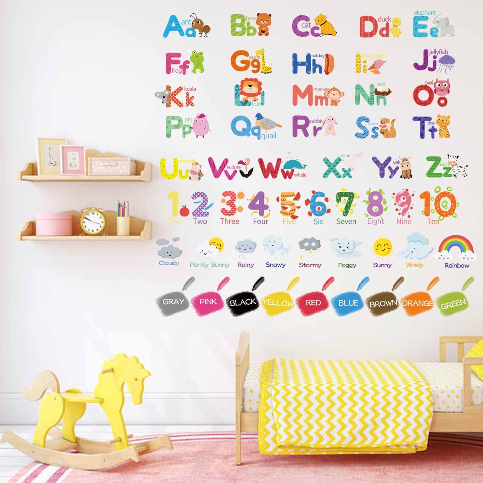 6 Sheets Colorful Alphabet Number Wall Decals Weather Learning Educational Wall Decals Peel and Stick Alphabet Wall Stickers Educational Classroom Stickers for Kids Playroom Bedroom Wall Stickers