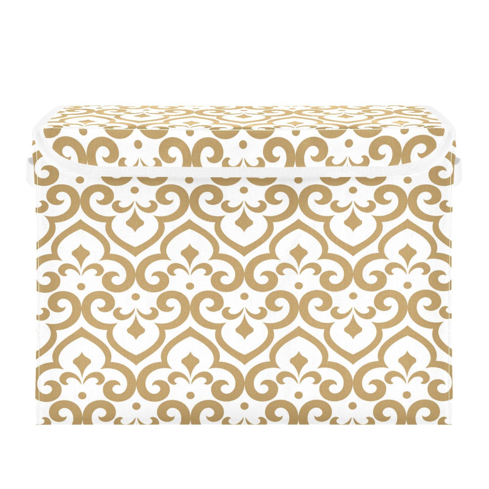 White Golden Floral Storage Basket Storage Bin Box with Lids and Handle Large Collapsible Storage Cube Box for Shelves Bedroom Closet Office 16.5x12.6x11.8 In