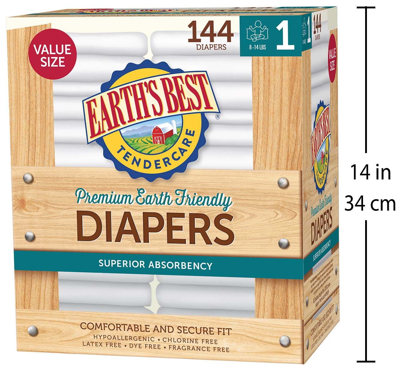 Earth's Best TenderCare Chlorine-Free Disposable Baby Diapers, 8-14 lbs-Size 1 (144 Count)