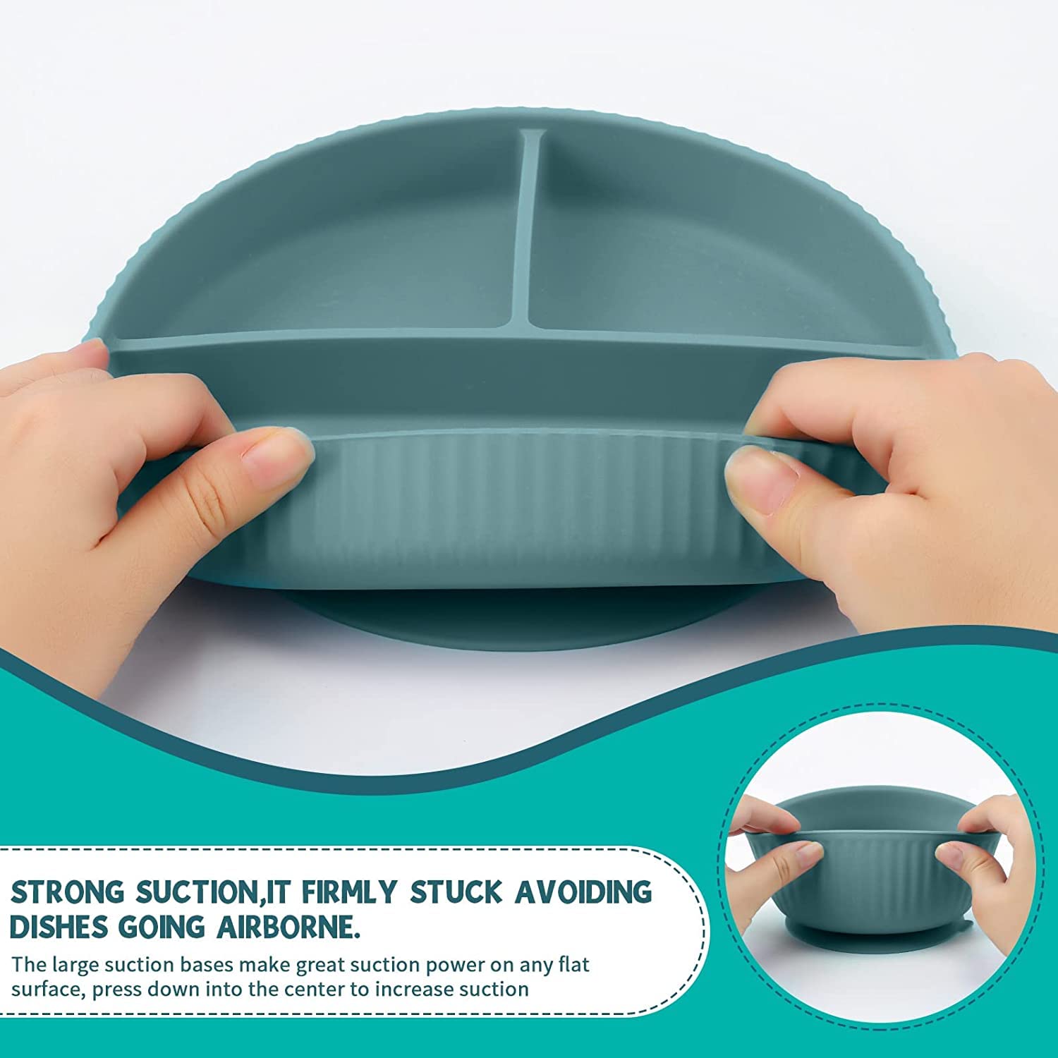 Silicone Baby Feeding Set, 2 Adjustable Bibs with Food Collectors, 1 Suction Cup Divider, 1 Suction Cup, 1 Sippy Cup,1 Stage 1 Spoon and 1 Fork, Baby Led Weaning Utensils,Toddler Self Feeding Set