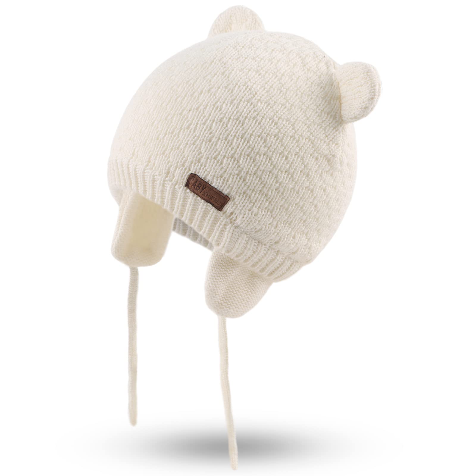 Bamery Baby Crochet Hat Infant Cute Bear Ear Beanie Toddler Boys Girls Earflap Hats for Fall Winter Warm Cap (Bear White, 0-6M)