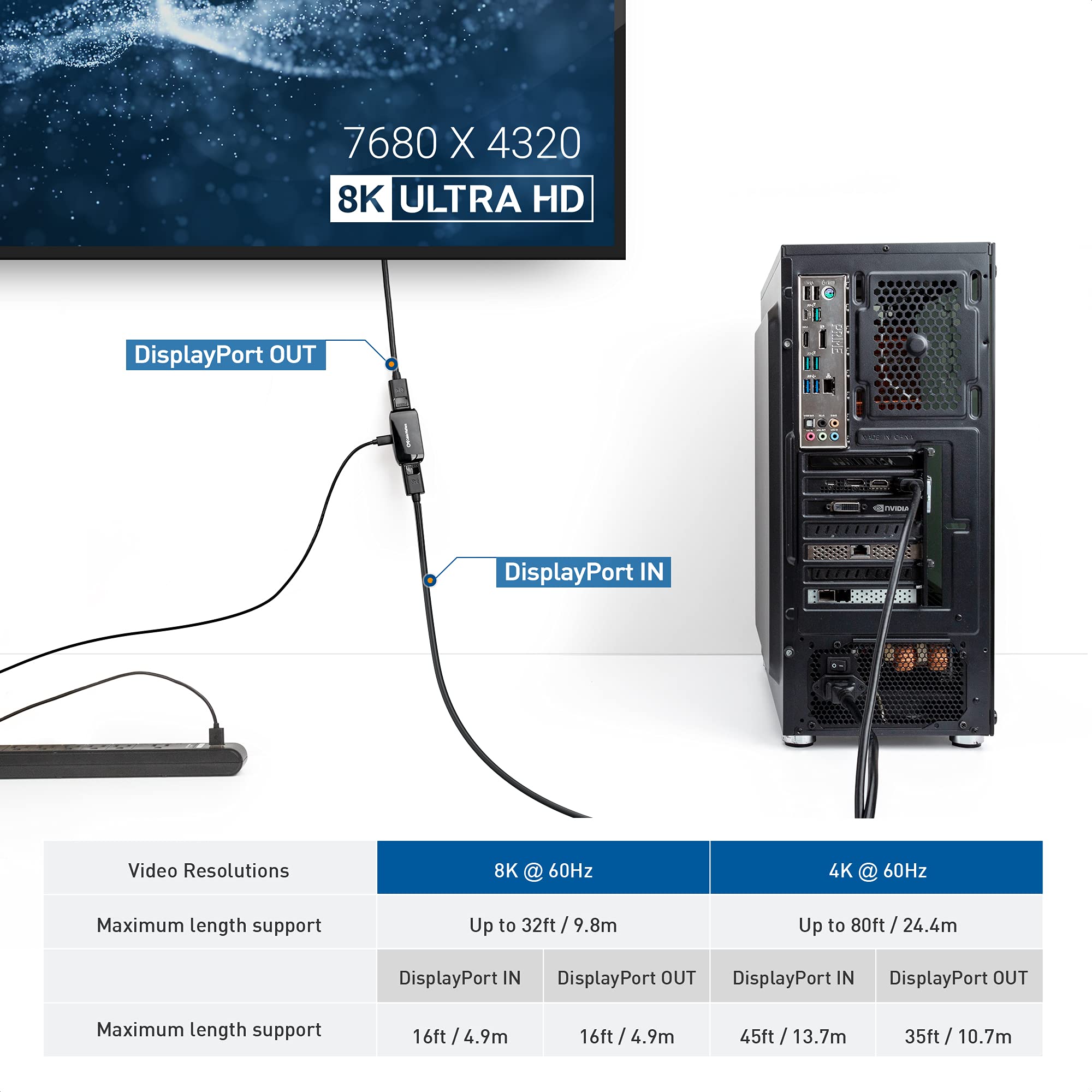Cable Matters Active DisplayPort Repeater, Support 4K@240Hz up to 32ft, 4K@60Hz up to 80ft, (DisplayPort 1.4 Repeater, DisplayPort Signal Booster, DisplayPort Amplifier) for VR Headset, Gaming Monitor