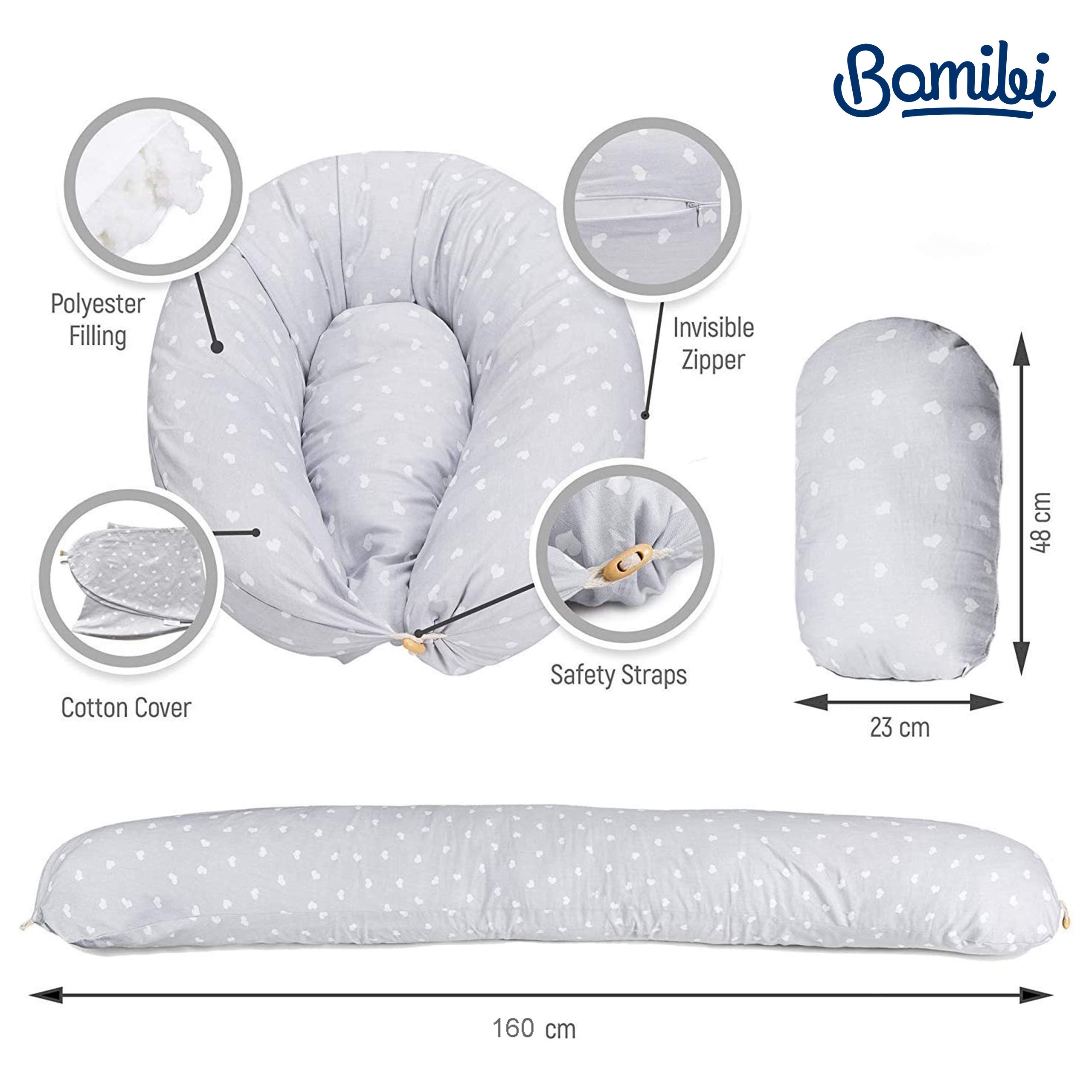 Bamibi® Pregnancy Pillow - Full Body Support Maternity Pillow for Sleeping – Providing Support for Adults and Pregnant Women Back, HIPS, Legs & Belly - Removable 100% Cotton Cover (Gray Hearts)