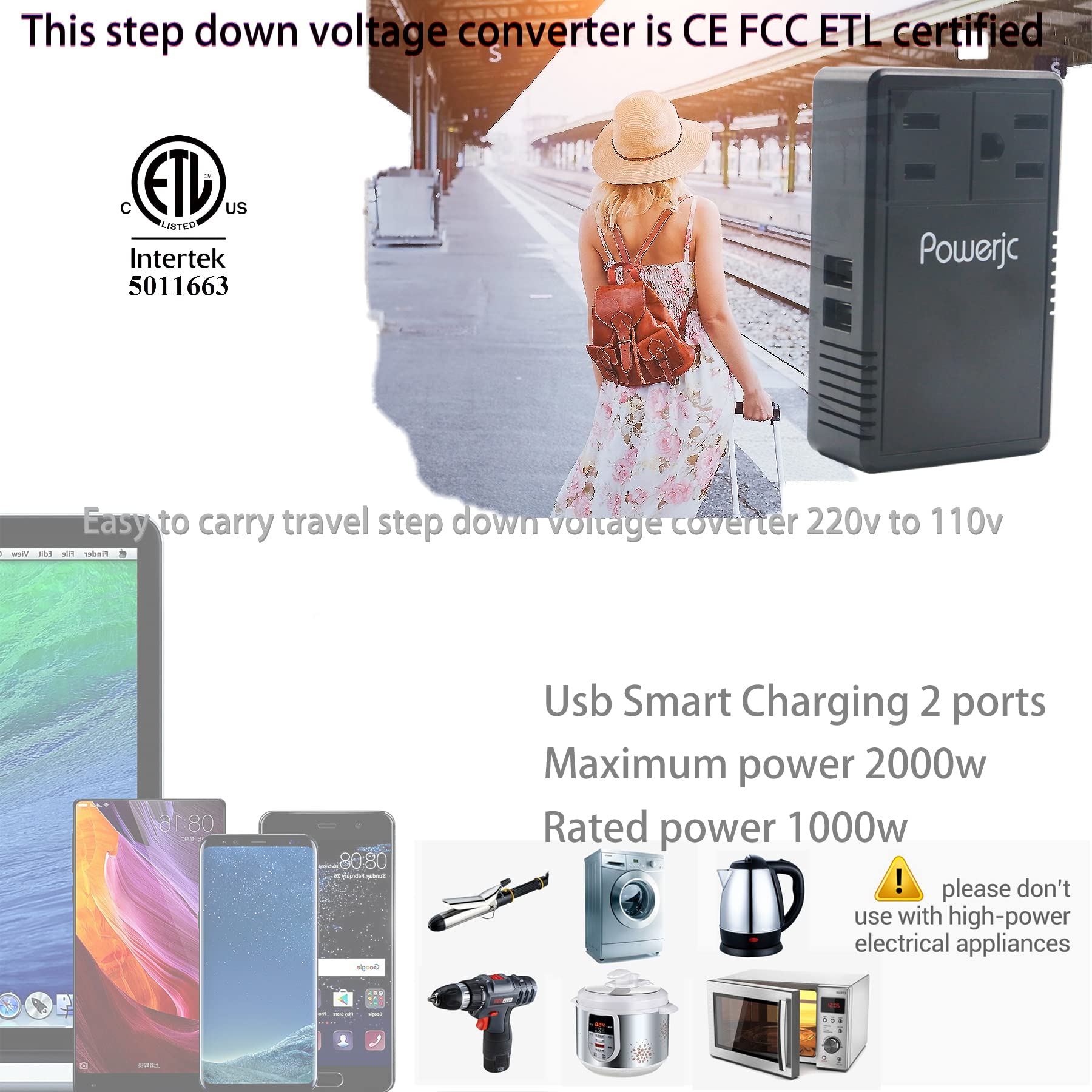 Powerjc Travel Voltage Converter Adapter Power Step Down 220V to 110V 2000W with 2 Outlets and 2 Smart USB Charging Ports Black