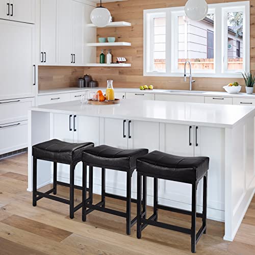 FLYZC Counter Height Bar Stools Set of 2, 24 Inch Stools for Kitchen Counter with Soft Cushion Bar Stools and Barstools Steel Frame, Black Saddle Stools for Kitchen Island Bar Support 300 LBS(Black)