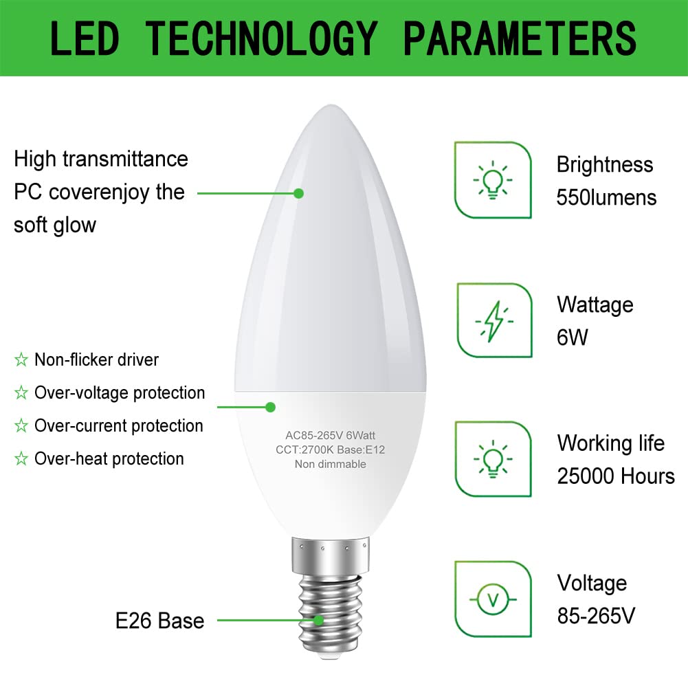 6-Pack E12 LED Ceiling Fan Light Bulbs, 60 Watts Equivalent Candelabra LED Light Bulbs, Type B Light Bulb for Chandelier, Candle Lightbulbs, Non-Dimmable, 5000K Daylight, 6 Pcs