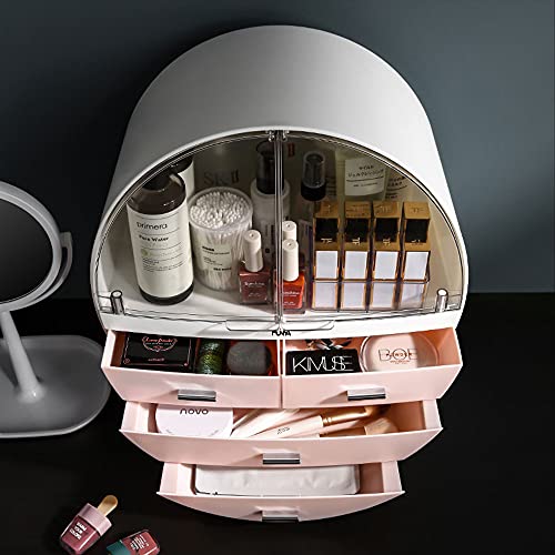 Ihuiniya Makeup Storage Organizer Box，Cosmetics storage display rack with drawer，Waterproof, dustproof, elegant display cabinet，Suitable for bathroom countertop, bedroom dresser (Large Pink)