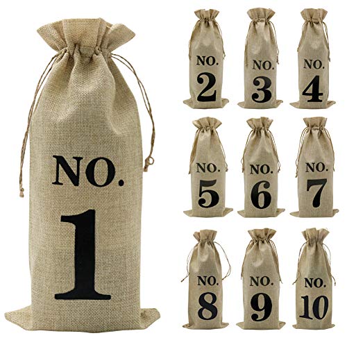 Shintop 10pcs Jute Wine Bags, 14 x 6 1/4 inches Hessian Numbered Wine Bottle Gift Bags with Drawstring for Blind Wine Tasting (Brown)