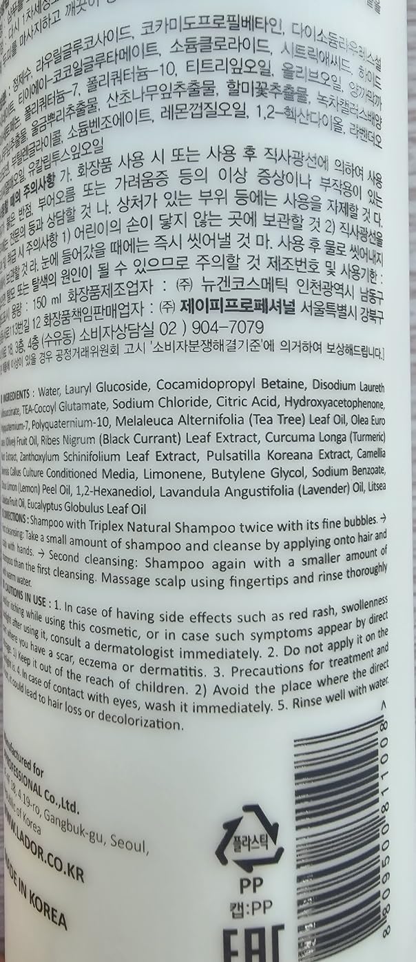 LA'DOR TripleX 3 Deep Cleansing Shampoo for Dry Itchy Sensitive Scalp Dandruff w/Tea Tree Lemon Lavender Sulfate-free Korean Hair Care 10 Fl Oz