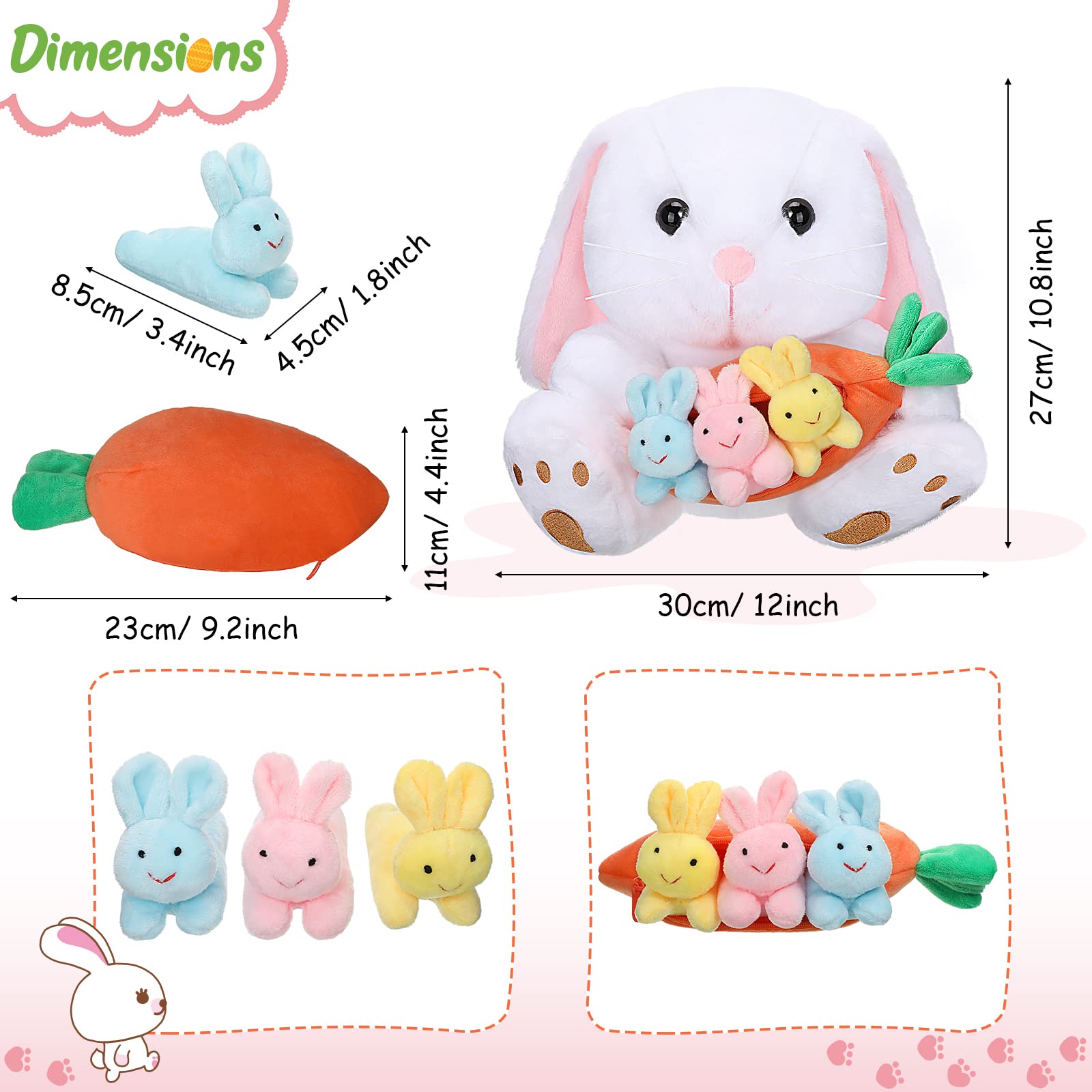 Easter Bunny Stuffed Animals with 3 Bunnies in a Carrot Rabbit Decor 10 Inches Easter Rabbit Plush Soft Cute Bunny Plush Toys Desktop Decoration for Boys and Girls Holiday Birthday Gift(Bunny)