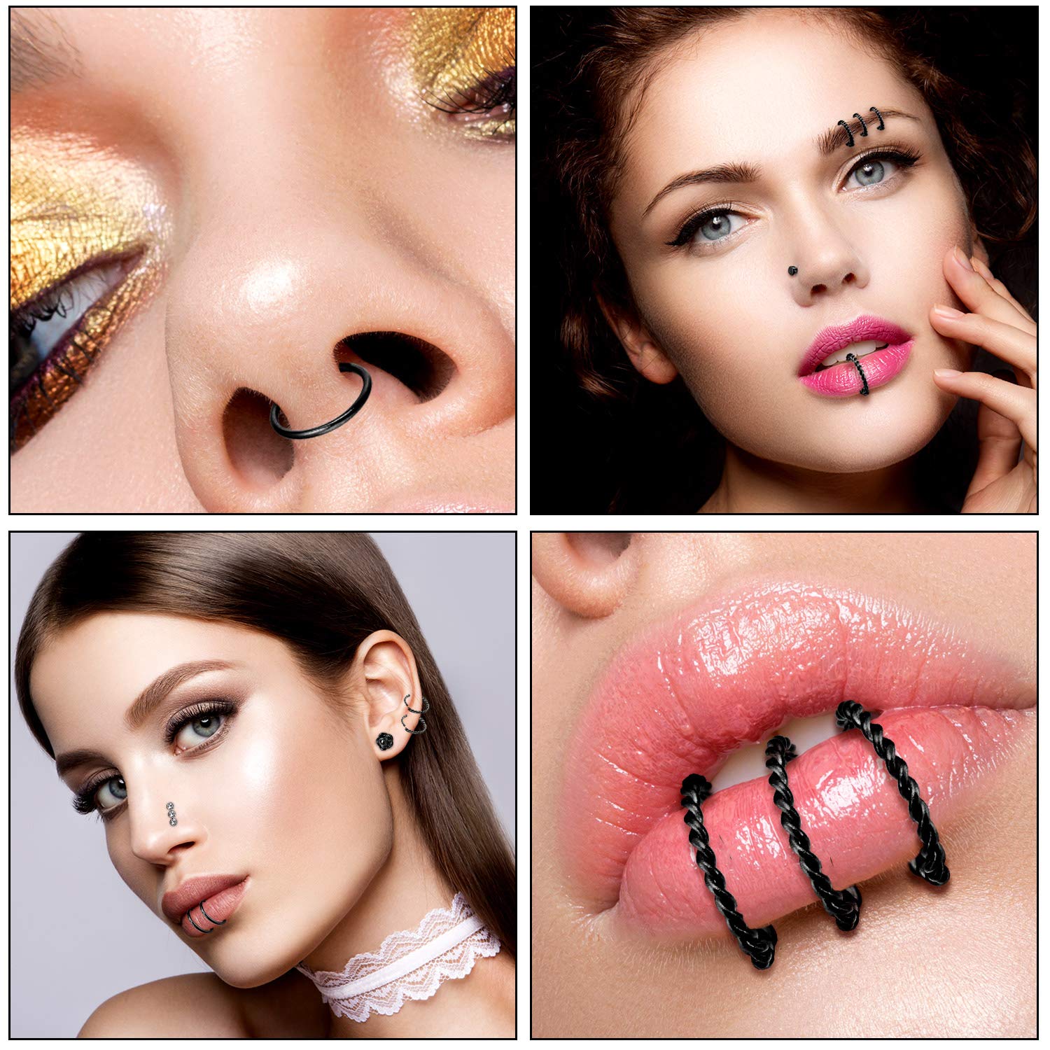 32 Pieces C-Shaped Nose Ring L-Shaped Hoop Tragus Nose Studs Bone Curved Hoop Tragus Cartilage Hoop Piercing (Black)
