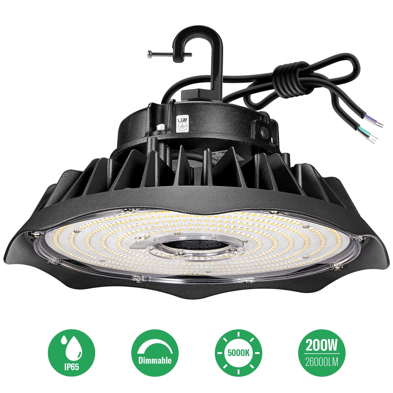 A ANTEN 5000K Coollight UFO High Bay Light, 200W 26000LM 1-10V Dimmable High Bay Light Fixture for Mall Garage Warehouse Workshop, 240w Perfect Alternatives, 4.92ft Cable with US Hook UL/DLC Approved