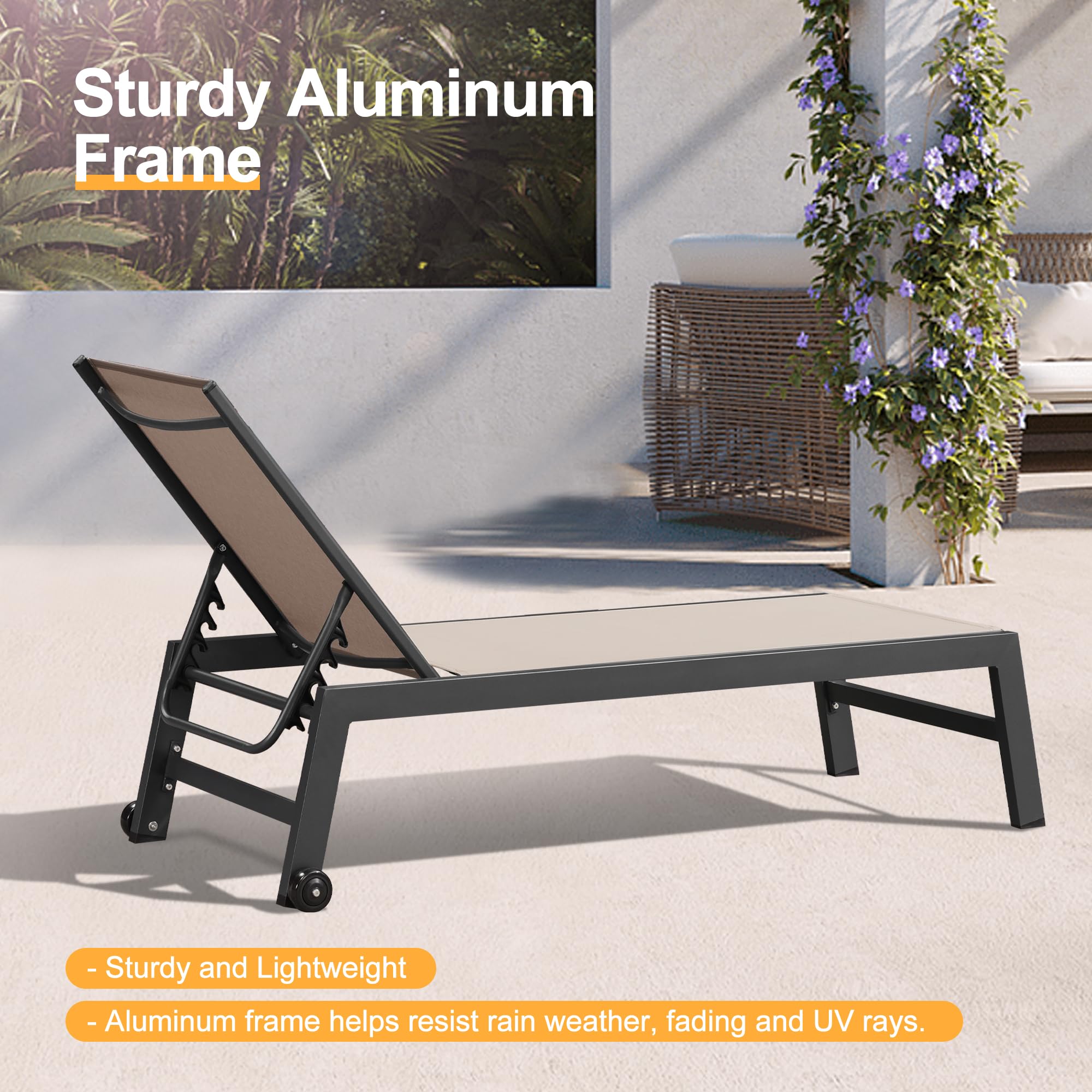 PURPLE LEAF Patio Chaise Lounge Set 4 Pieces Aluminum Outdoor Lounge Chairs with Wheels, Textilene Sunbathing Recliner, Beige