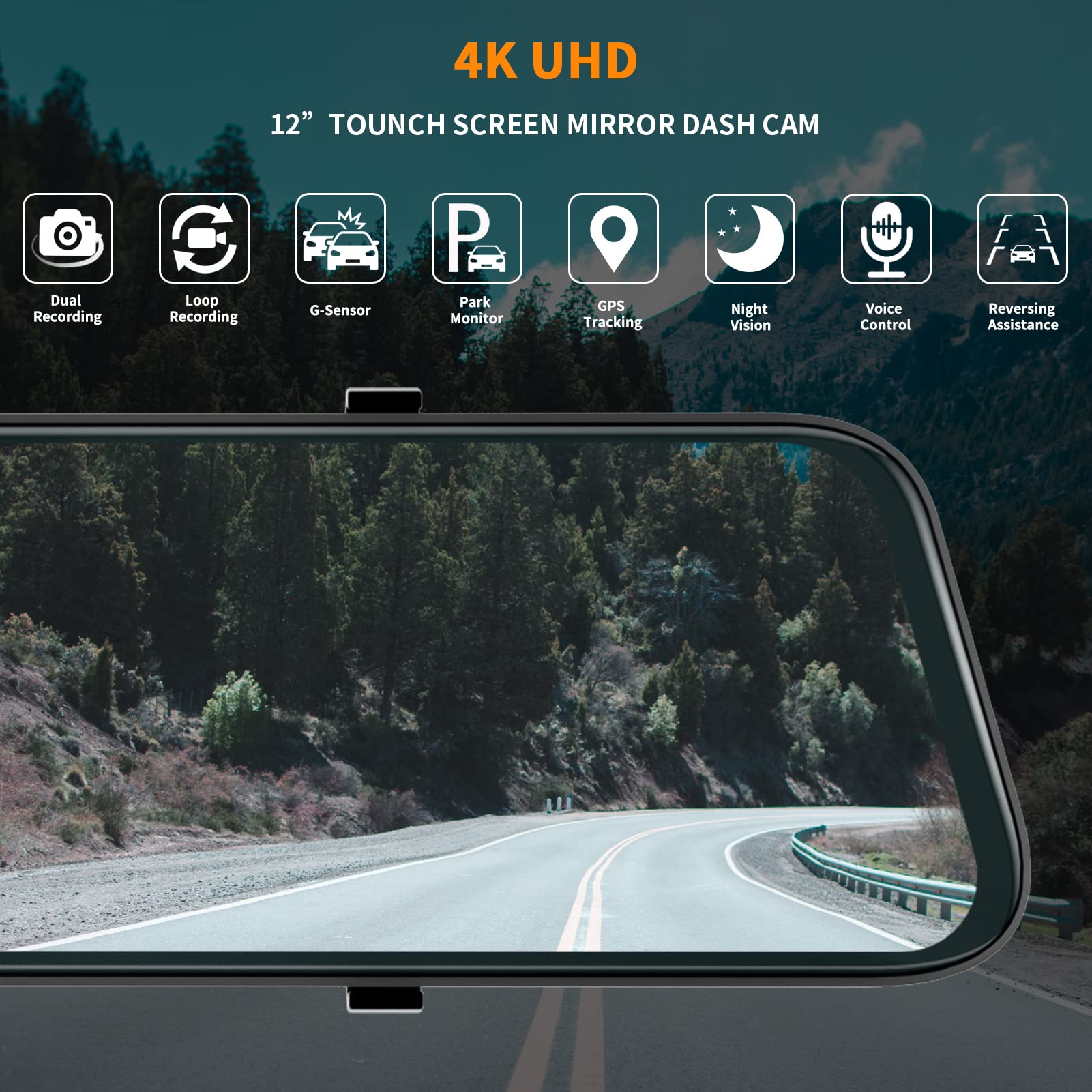 4K Mirror Dash Cam, 12" Dash Cam Front and Rear 4K+1080P Backup Camera, Rearview Mirror Camera with Touch Screen, Voice Control, Night Vision, Parking Monitor Dual Dash Camera for Cars