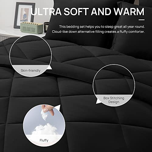 Love's cabin Full/Queen Comforter Set Black, 7 Pieces Queen Bed in a Bag, All Season Full/Queen Bedding Sets with 1 Comforter, 1 Flat Sheet, 1 Fitted Sheet, 2 Pillowcase and 2 Pillow Sham