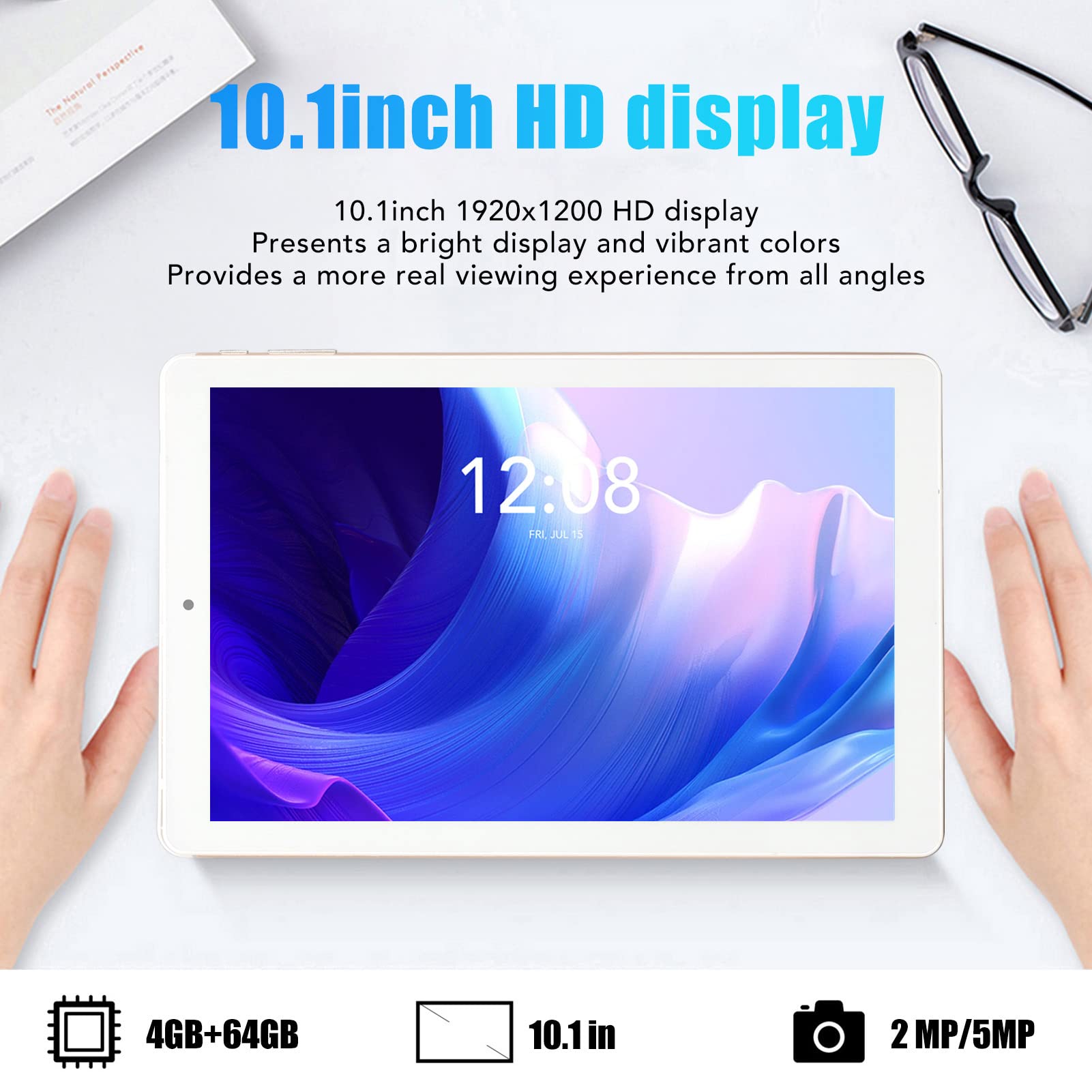 Acogedor 10.1inch Android Tablet, 1920x1200 HD Display MTK6592 CPU 4GB RAM 64GB ROM 5G WiFi Tablet with Dual Camera, Dual Card Dual Standby, 5000mAh, Gold