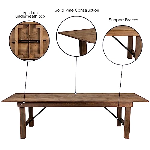 Flash Furniture Hercules Commercial Grade Farmhouse Dining Table | Solid Pine Foldable Table for 10 in Antique Rustic | Rustic Charm for Home and Events