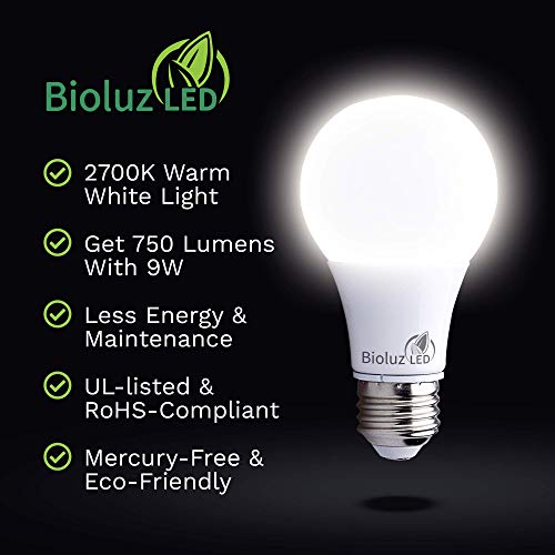 Bioluz LED 60 Watt LED Light Bulbs 2700K Warm White 9 Watts = 60W Non-Dimmable A19 LED Light Bulbs 6 Pack