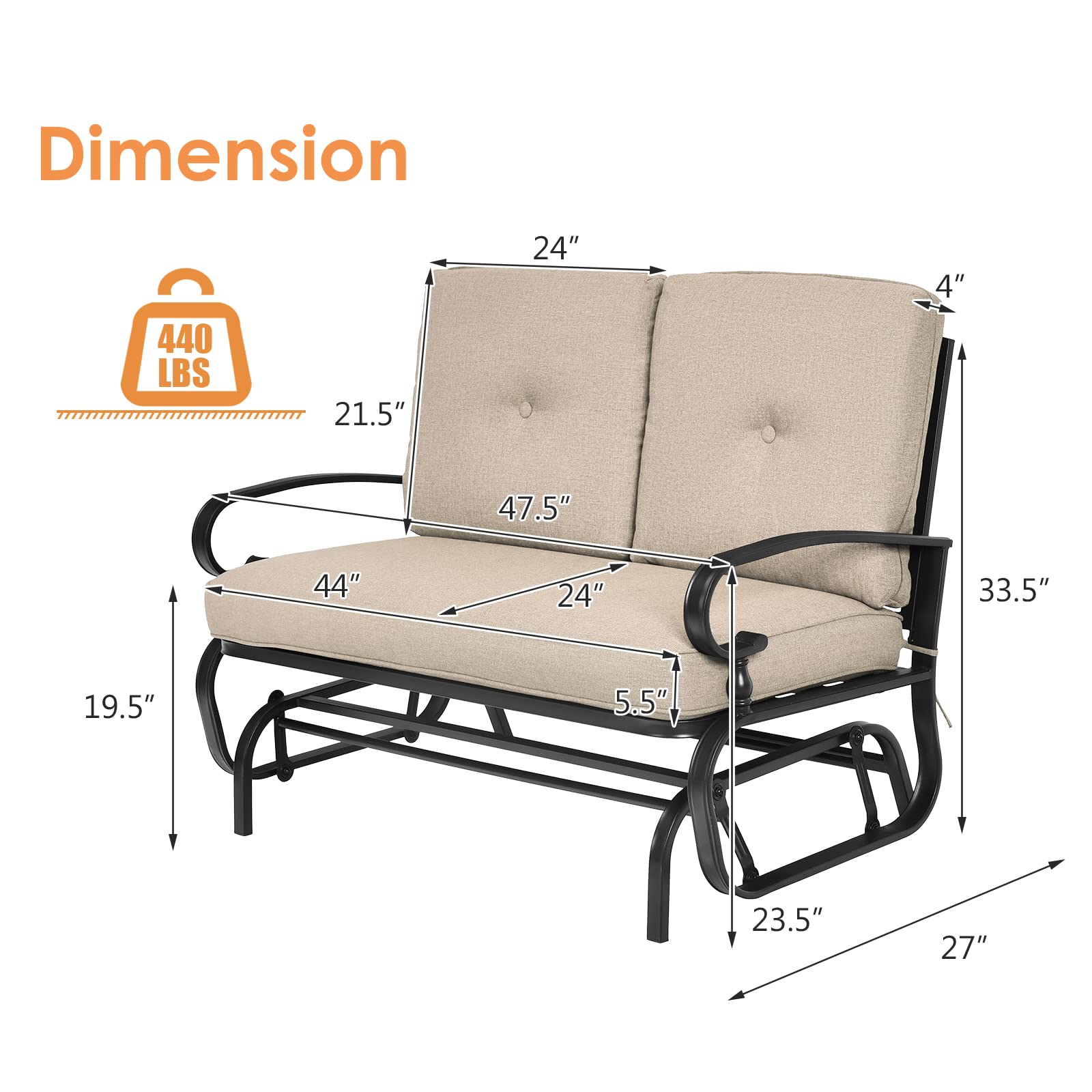 HAPPYGRILL Outdoor Swing Glider Bench Patio Loveseat Glider with Comfortable Cushions, 2 Persons Rocking Glider Chair for Porch Balcony Garden Poolside