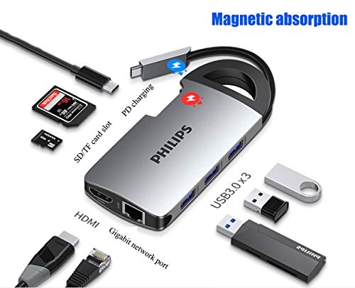 XUNMAIFHB Portable Docking Station,Typec8 in 1 Docking Station hdmi Adapter Type-C PD Fast Charging, HDMI Interface, SD/TF Card, USB3.0 × 3, Gigabit Ethernet Port Fast Transmission