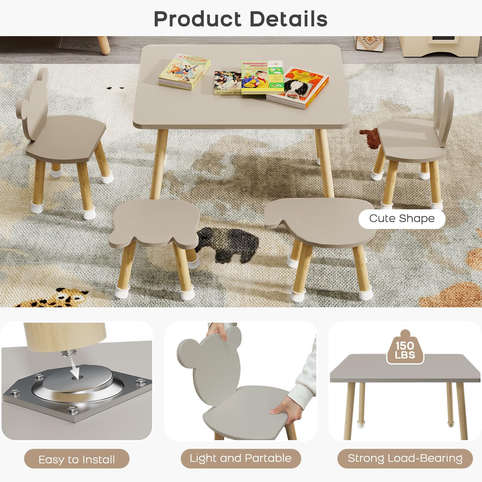 BanaSuper Table & Chair Set - Wooden Weaning Table with 4 Animal-Themed Chairs for Arts & Crafts, Snack Time, and Homework, Ideal for Learning & Development Furniture (Grey)