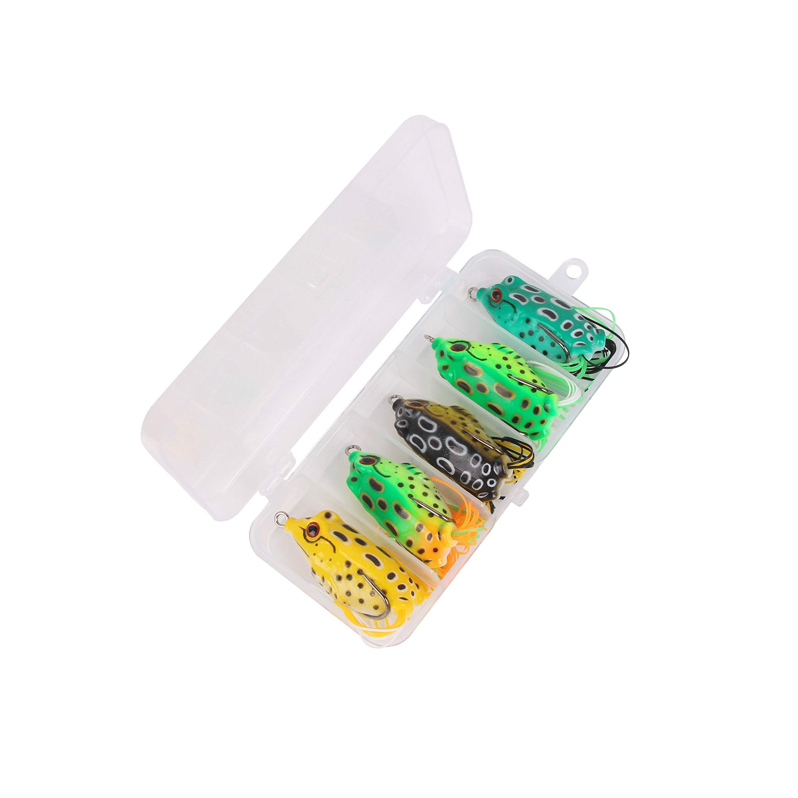 5pcs Frog Topwater Fishing Crankbait Lures Double Sharp Hooks Soft Bait for Bass Salmon Freshwater Saltwater Fishing with Tackle Box
