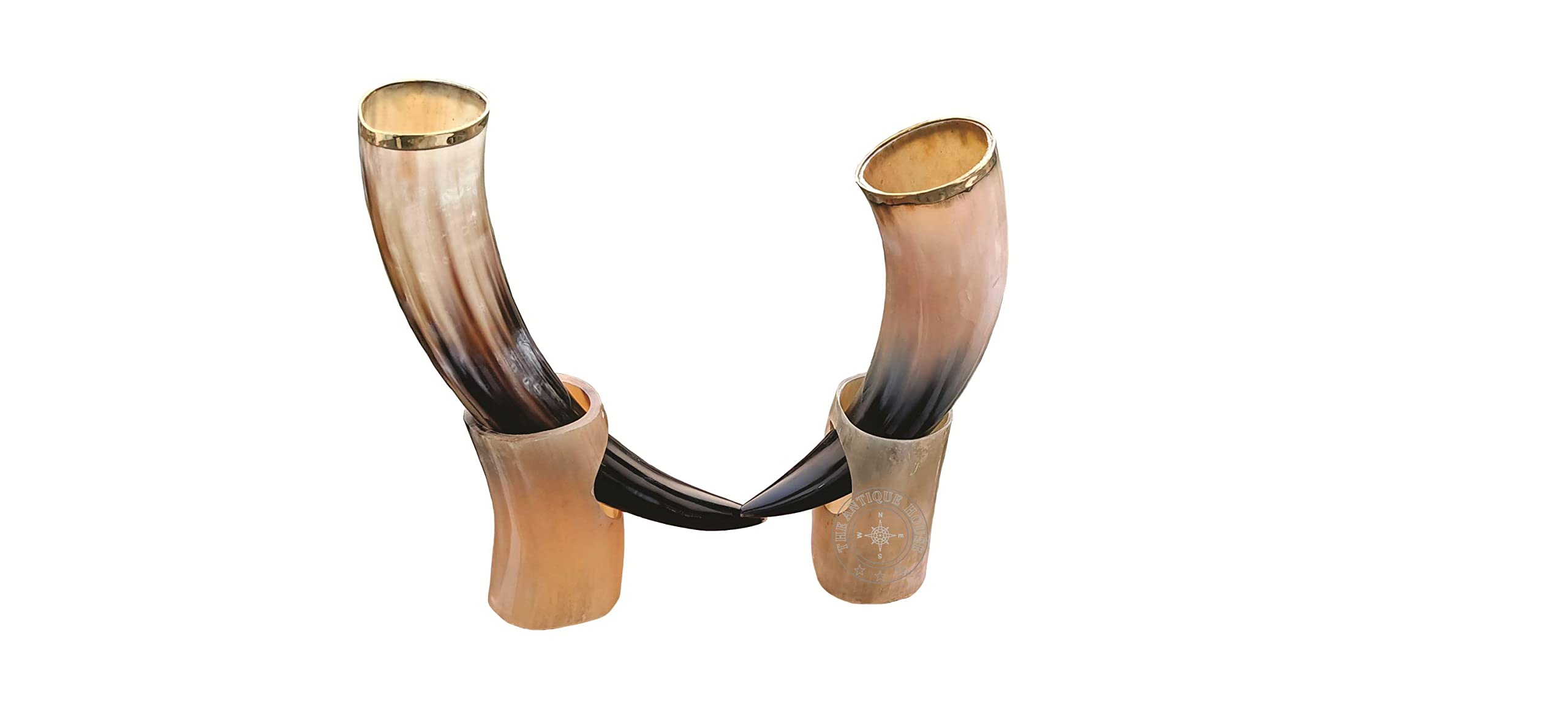 Set of Two Antique Style Horn Drinking Horn Mug with Stand Viking Style Beer Wine Mead Mug Wedding Gift