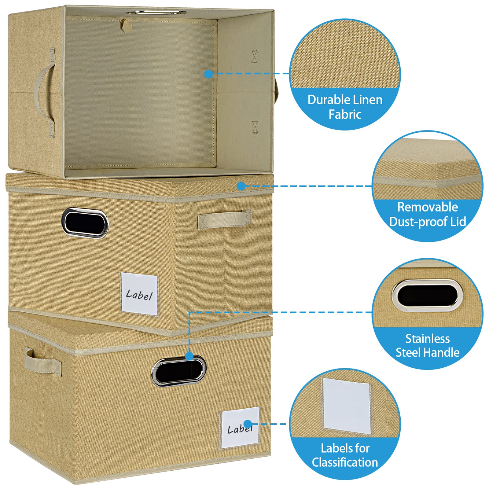 LHZK Large Storage Bins with Lids 6 Pack, Foldable Linen Fabric Storage Boxes with Lids, Sturdy Fabric Storage Bins with Label & 3 Handles for Shelves Bedroom Home Office (Beige, Large)