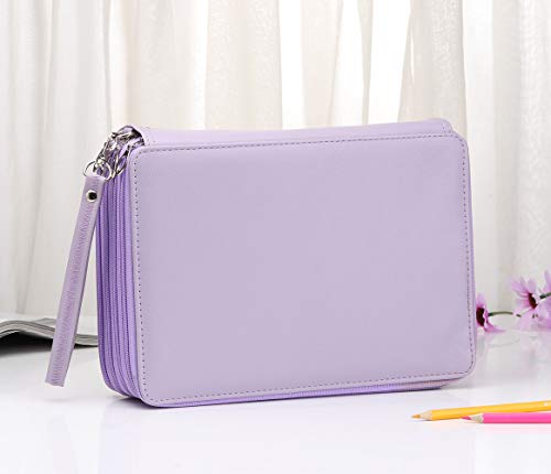 Shulaner 200 Slots Colored Pencil Case Organizer with Zipper PU Leather Large Capacity Pen Holder Bag (Purple)