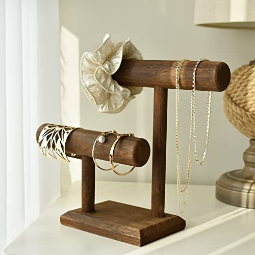 Ikee Design 2 Tier Wooden Jewelry Bracelet Watch Display Tower, Bangle Scrunchie Necklace Holder Storage Stand, 7.9" W x 4.3" D x 9.4" H, Brown Color