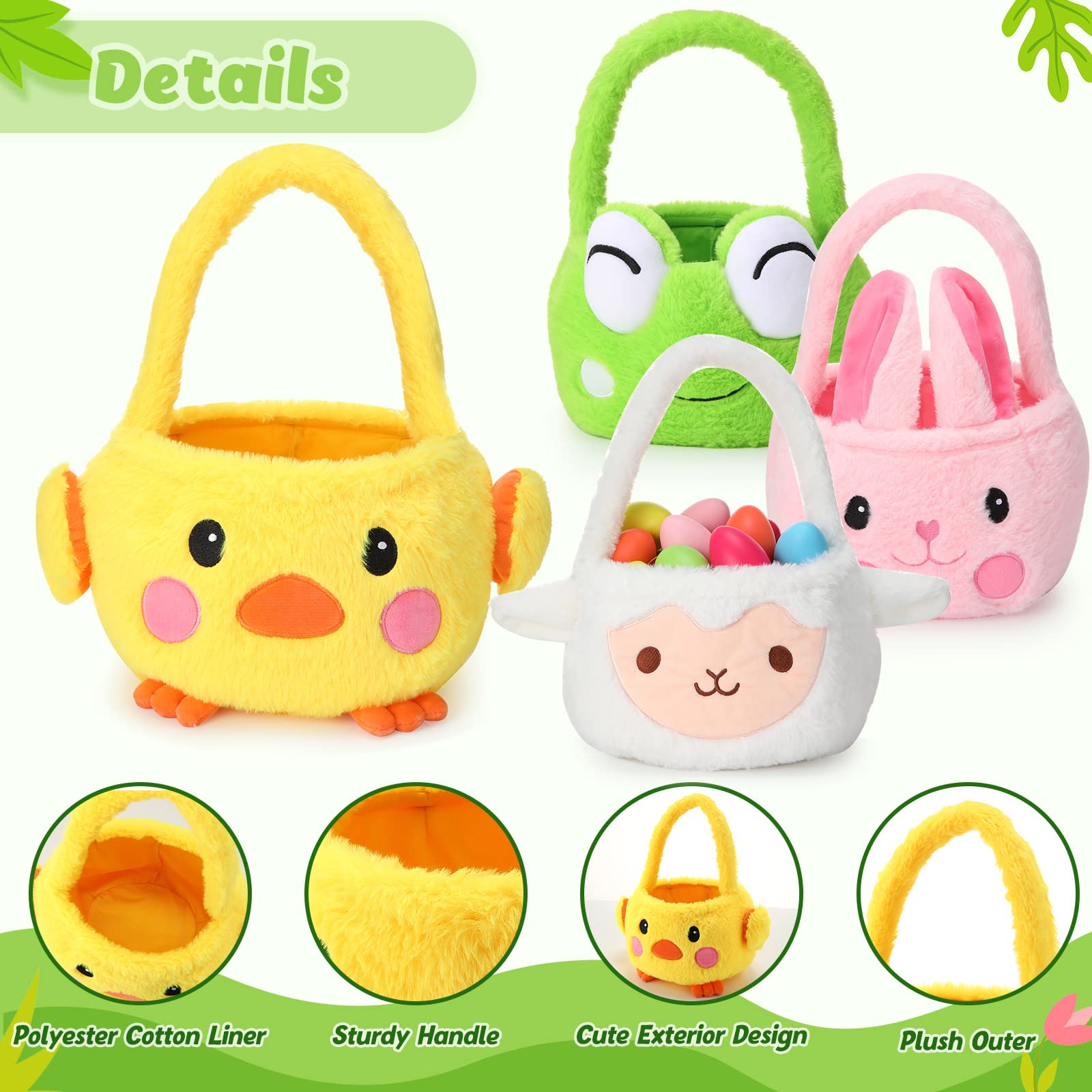 4 Pcs Easter Basket for Kids Plush Easter Bunny Chick Sheep Frog Basket Easter Egg Hunt Basket Bags with Handle for Easter Decorations Gifts Candy Toy Storage Cute Easter Gifts for Girls Boys