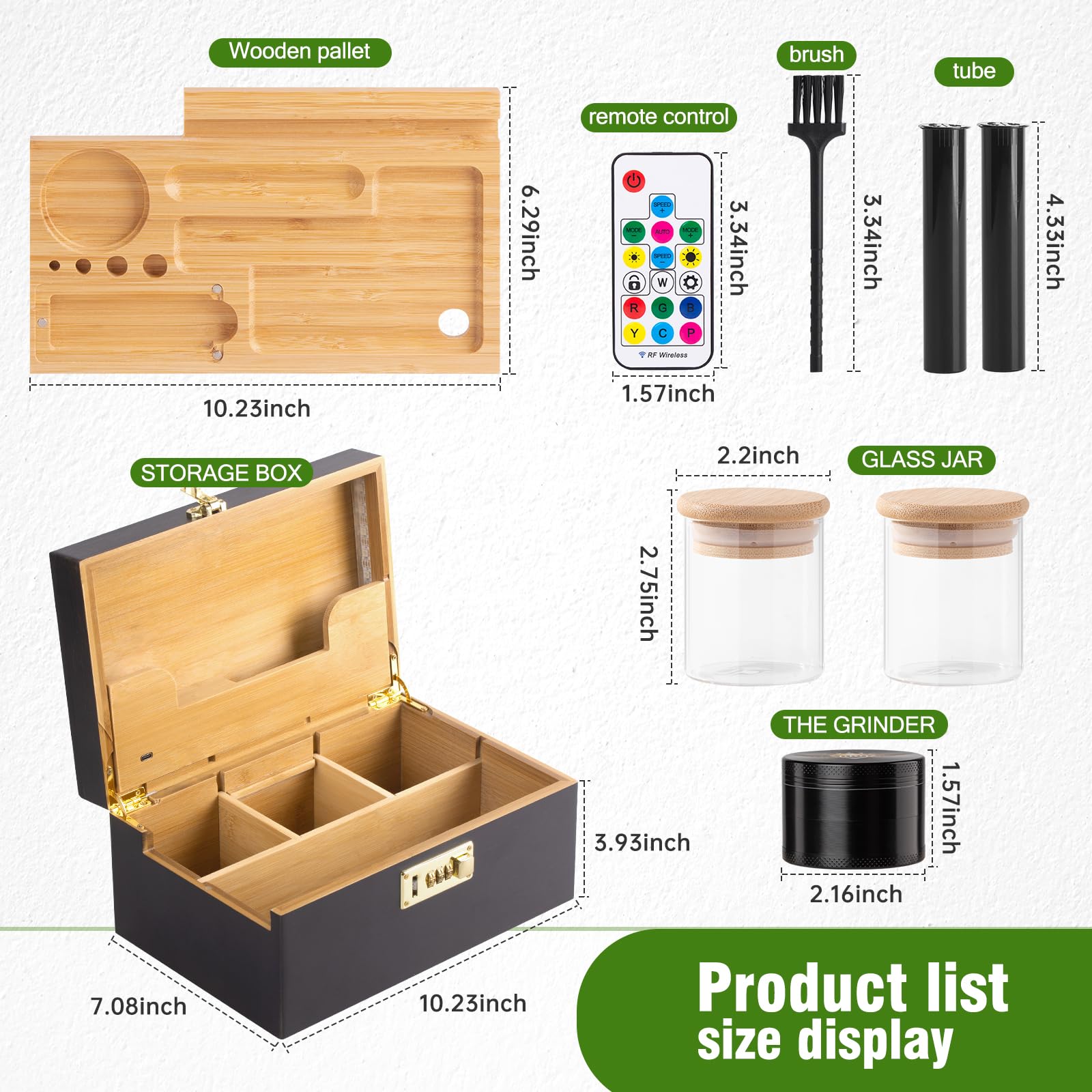 IEVEY Stash Box with Rolling Tray & Neon, Smell Proof Large Bamboo Storage Box with Lock, Decorative Box Set Includes Glass Jars & Grinder & Brush, Great Gift for Men Women(Black)