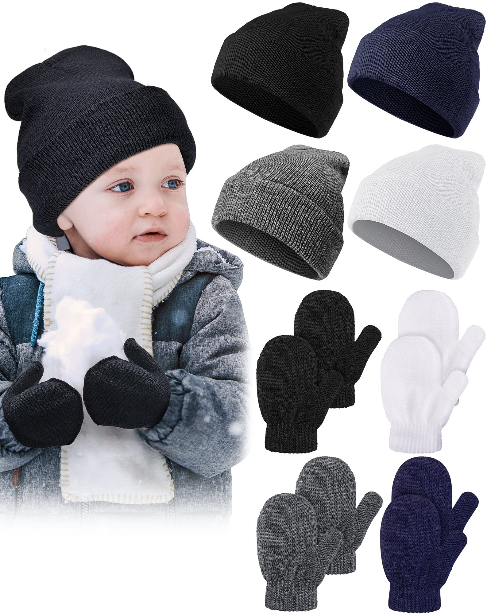 4 Sets Toddler Boys Hat and Glove Kids Winter Beanies with Gloves Warm Knitted Baby Beanie Hats Set Cuffed Skull Cap for Boys Girls
