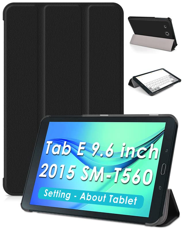 DETUOSI Slim Case for Samsung Galaxy Tab E 9.6" 2015 (SM-T560/ T567), Galaxy Tab E 9.6 inch Tablet Case, Tri-fold Folio PU Leather Protective Case for Galaxy Tab E 9.6" Cover, SM-T560NU Case #Black
