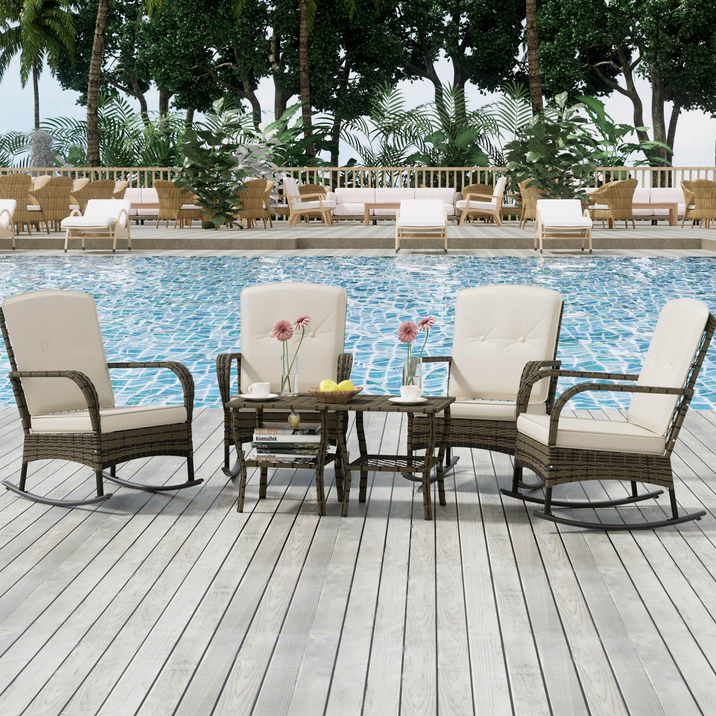 BALDPER 6 Pieces Patio Conversation Set, Outdoor Rocking Chairs, Wicker Bistro Set, Outdoor Furniture Set with Porch Chairs and Coffee Table for Deck Garden Poolside, Beige