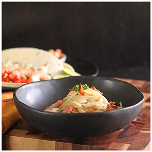 roro Ceramic Stoneware Hand-Shaped Semi-Matte Modern Minimalist Black Low Bowl Set of 2