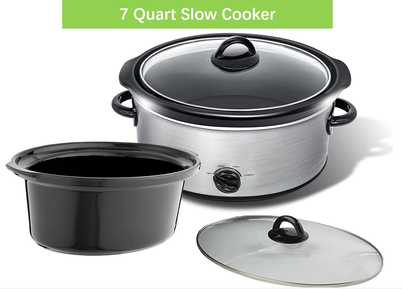 7 Quarts Oval Slow Cooker, 3 Heating Setting, Dishwasher-safe Stoneware Pot and Glass Lid, Sleek Stainless Steel Design