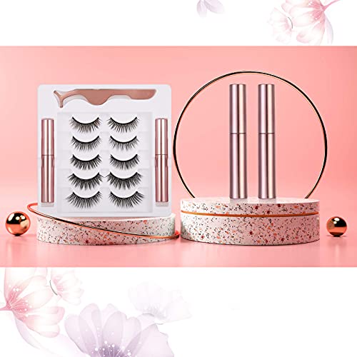 Magnetic eyelashes with eyeliner Kit,5 Pairs Different Reusable Magnetic Lashes,Natural Look False Lashes with Tweezers and Eyeliner