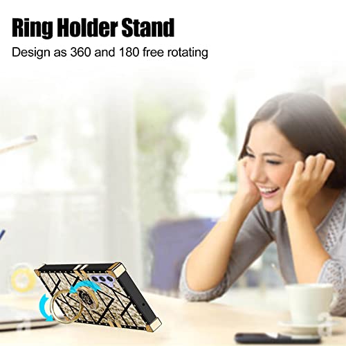 CCSmall Square Phone Case for Samsung Galaxy A34 5G with Ring Kickstand for Women Girly, Cute Elegant Metal Decoration Corner Soft TPU Case Cover for Samsung Galaxy A34 5G BF Plaid Gold