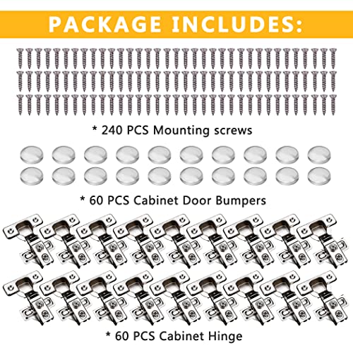 60 Pack Soft Close Cabinet Door Hinges for 1/2" Partial Overlay Cupboard, 100 Degree Opening Angel, Stainless Concealed Kitchen Cabinet Hinges with Mounting Screws and Manual