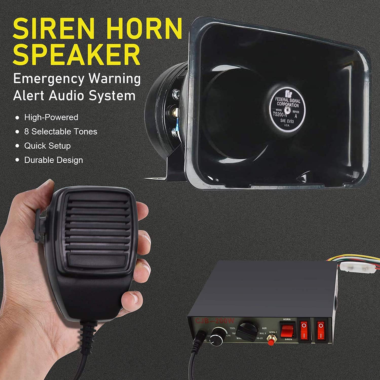 Police Siren Speaker - DC 12V 200w Car PA System kit with emergency siren horn Speaker loud 9 sound Wired Handheld Microphone Loudspeaker Emergency Siren Electronic For vehicles Truck UTV ATV