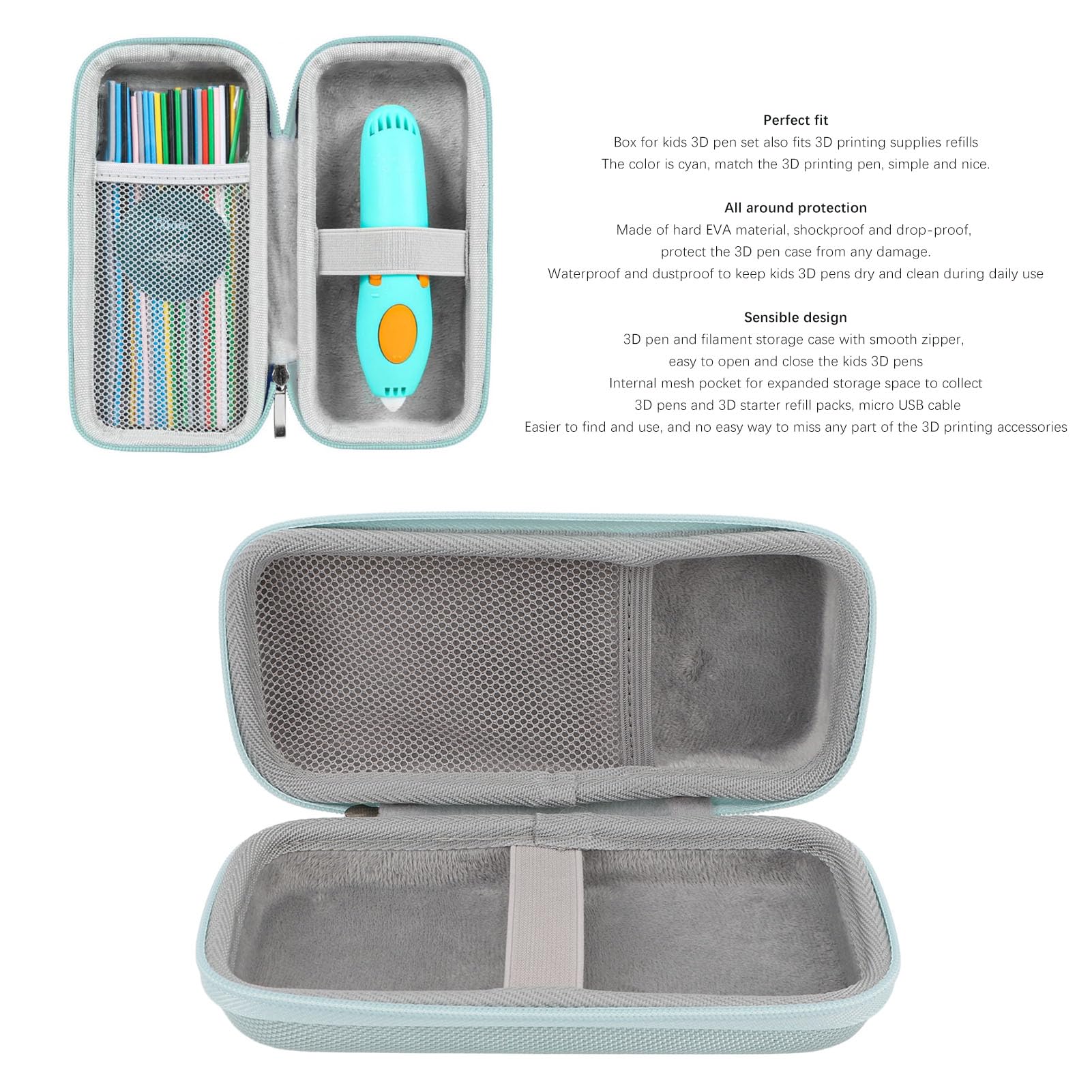 Hard Carrying Case for 3D Printing Filament, EVA 3D Printing Pen Hard Storage Case with Fluent Zipper, Built in Mesh Pocket, Waterproof and Dustproof