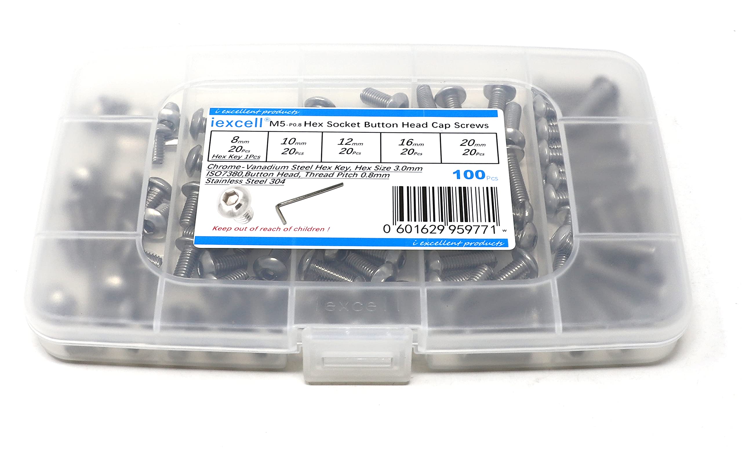 iexcell 100 Pcs M5 x 8/10/12/16/20 Stainless Steel 304 Hex Socket Button Head Cap Screws Bolts Assortment Kit