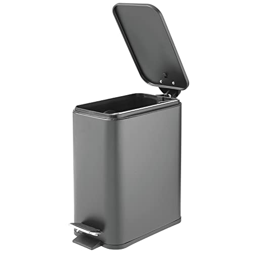 mDesign Slim Metal Rectangle 1.3 Gallon Trash Can with Step Pedal, Easy-Close Lid, Removable Liner - Narrow Wastebasket Garbage Container Bin for Bathroom, Bedroom, Kitchen, Office - Charcoal Gray