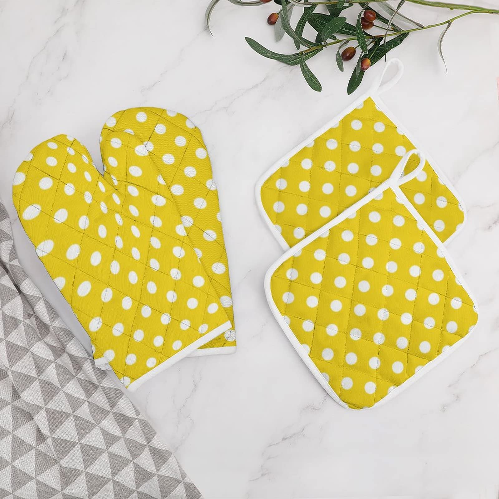 4PCS Oven Mitts Glove Kitchen Heat Resistant Pot Holders Set Lemon Yellow Polka Dot Pattern Kitchen Microwave Oven Gloves Mitts Anti-Scald Baking Cooking Gloves