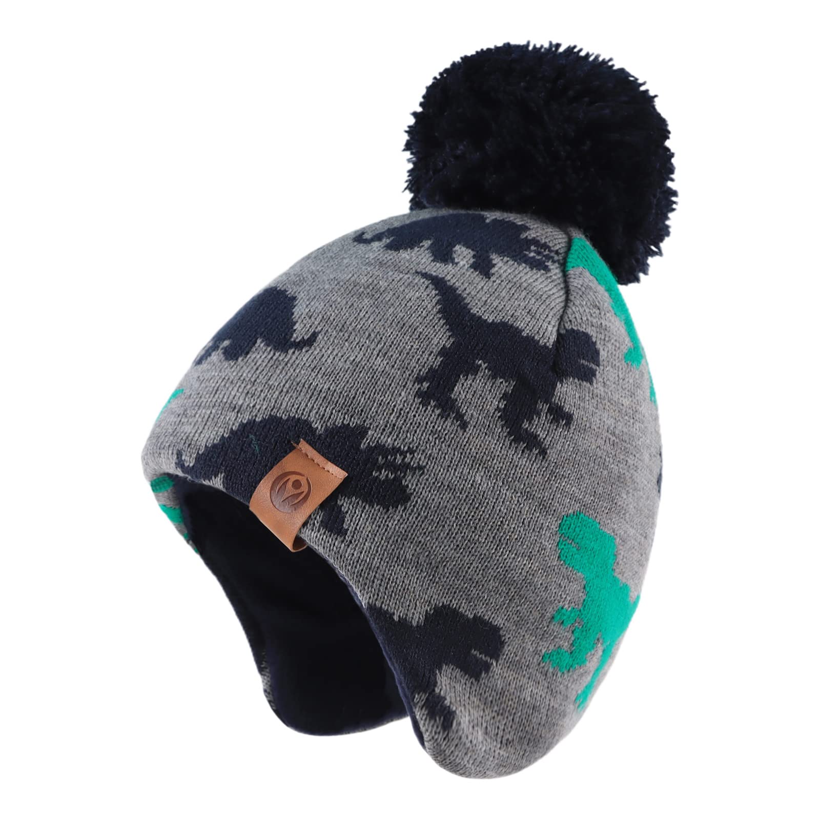 Knitted Baby Hat Scarf Set Winter Warm Boys Girls Beanie Fleece Lining Toddler Kids Hat with Pompom (Gray Dinosaur Hat, M)