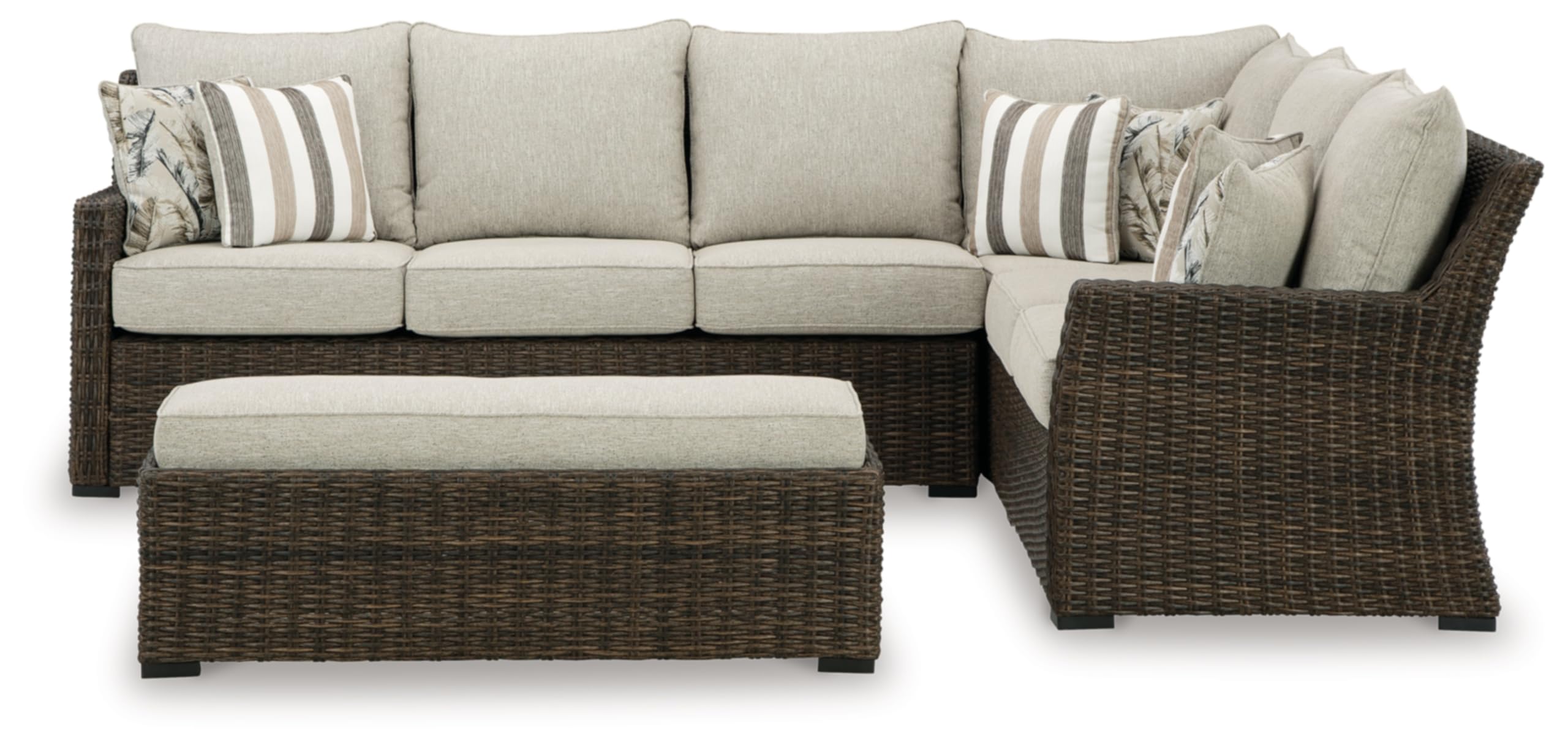 Signature Design by Ashley Brook Ranch Casual Weather Resistant Right Hand Facing Outdoor Sofa Sectional/Bench with Cushion and 6 Throw Pillows, Set of 3, Beige & Dark Brown
