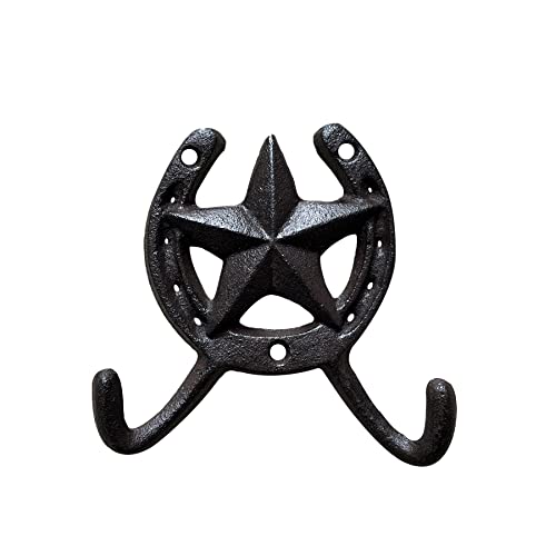Atpxdk 2PCS Cast Iron Horseshoe Wall Decor, Vintage Star Cast Iron Rustic Metal Horseshoes Wall Hooks for Hat and Key Hook Rack Hanger