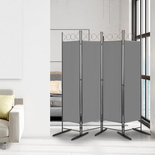 4 Folding Wall Divider, Partition Room Dividers with Decorative Top, 5.74 ft Foldable Privacy Screen Room Separator with Steel Frame, Polyester Fabric, Plastic Feet for Bedroom, Office Gray